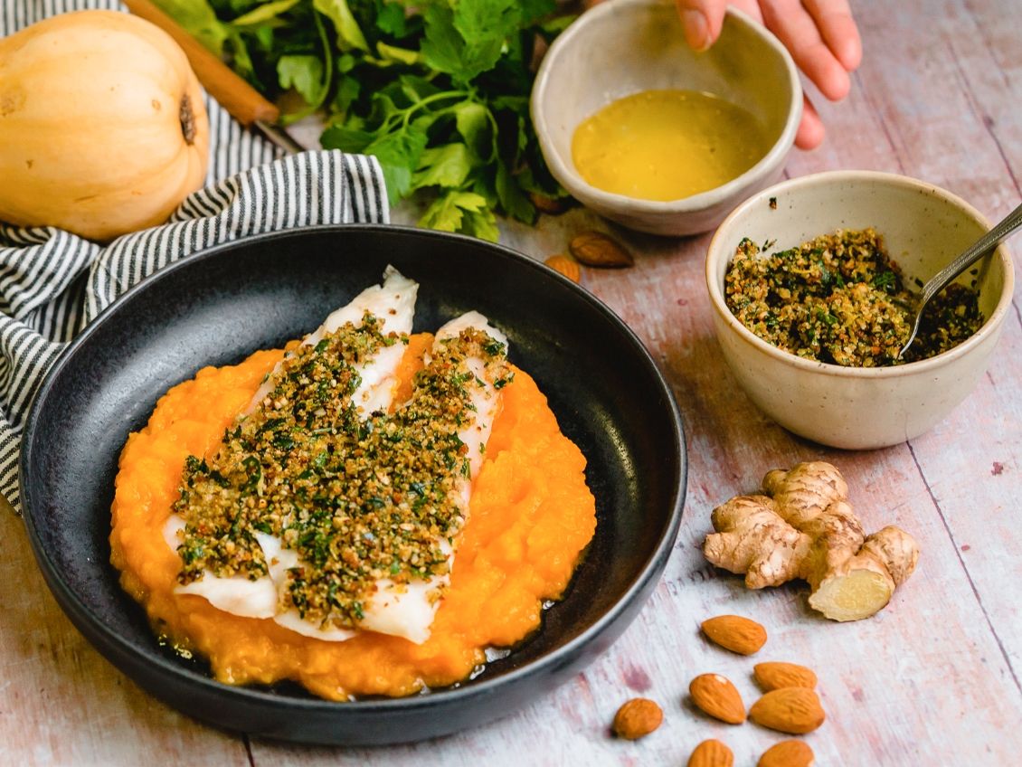Poisson, Crumble d'Amandes & Purée de Potimarron - Recette - Les Commis